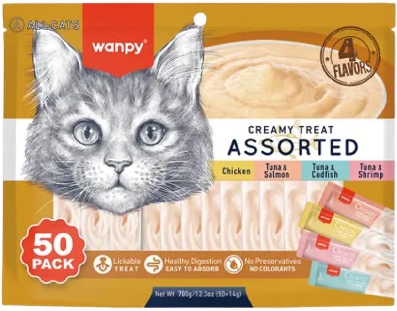 Wanpy Creamy Lickable Cat Treats Assorted – 4 Different Flavors (14g x ...